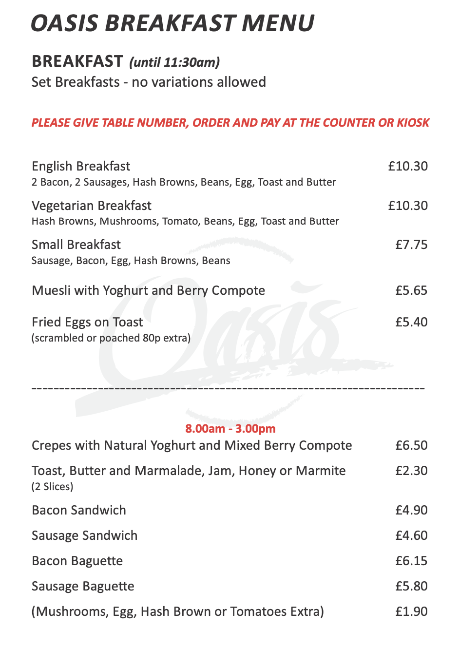 Cafe Oasis Menu - Cafe Oasis Weymouth
