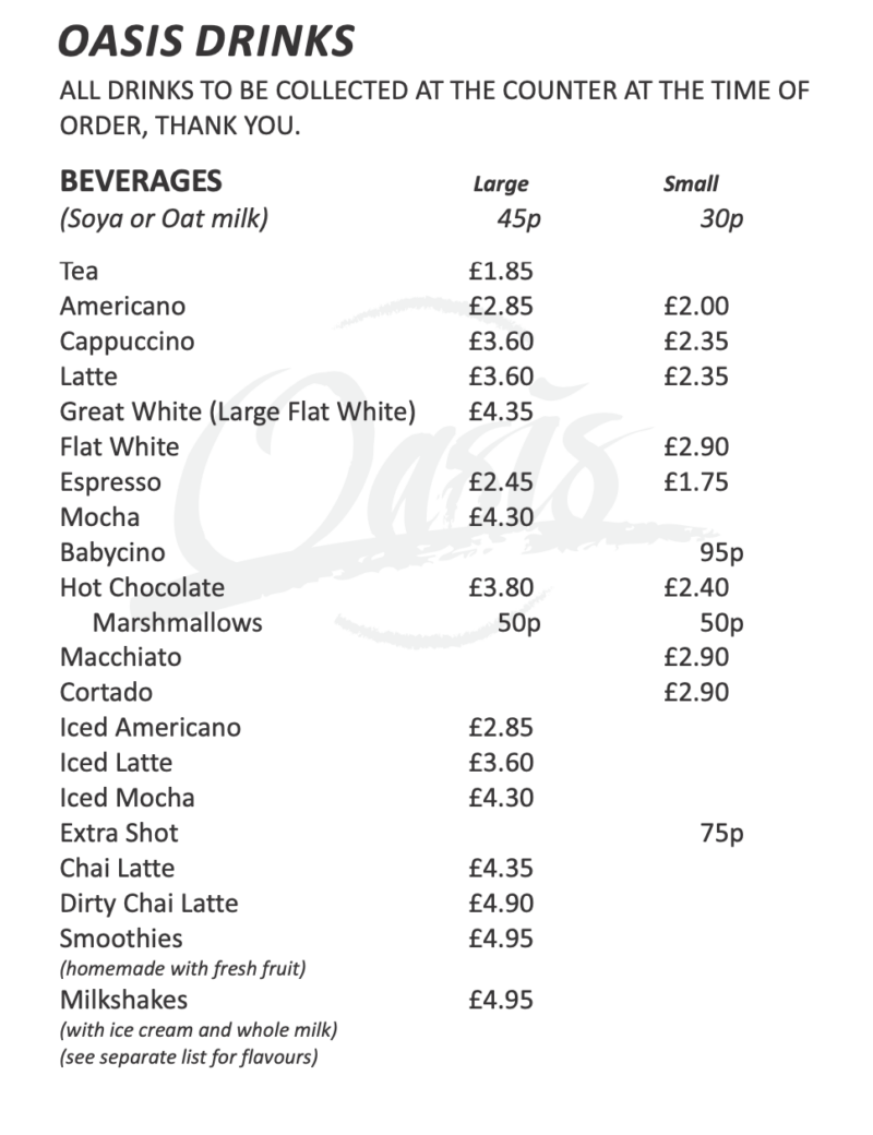 Cafe Oasis Menu - Cafe Oasis Weymouth